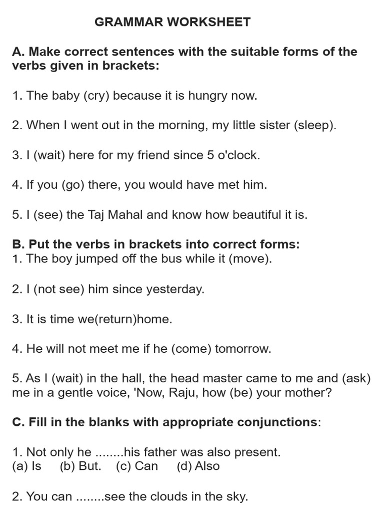 Grammar Worksheet for Verb Forms and Conjunctions | PDF