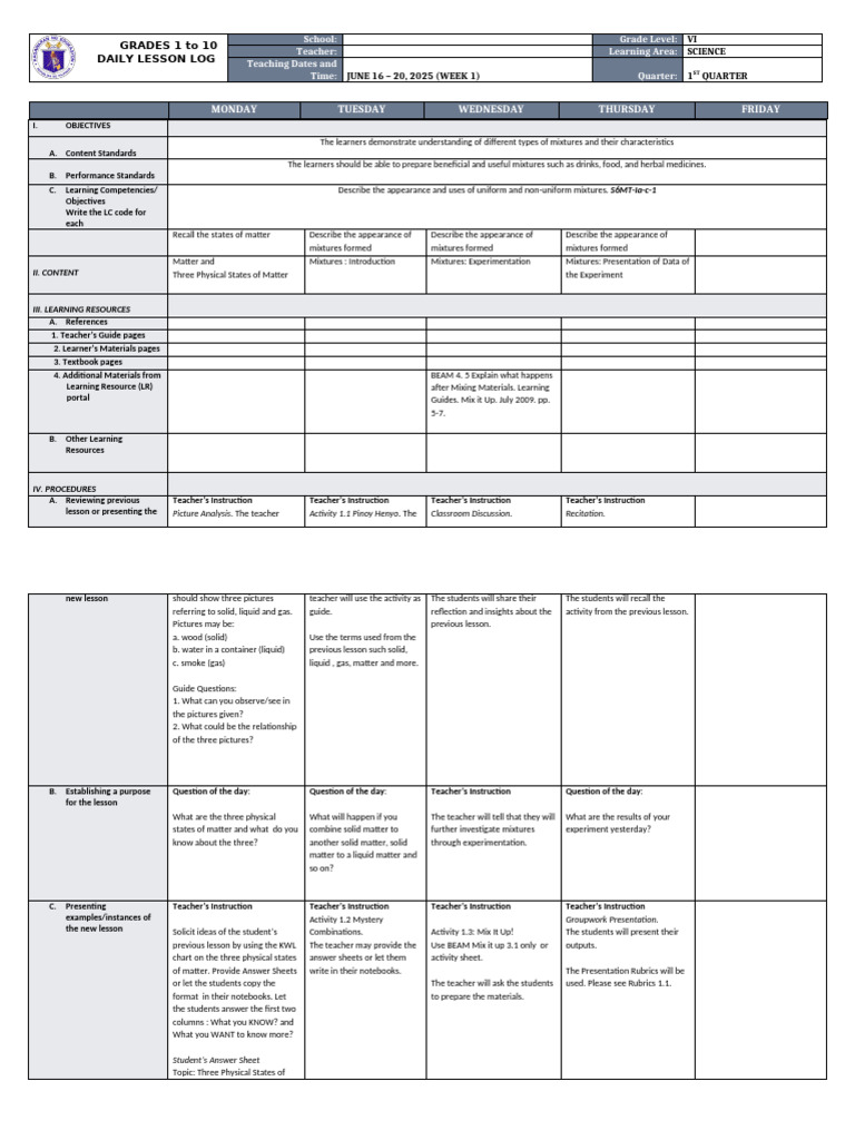 DLL - Science 6 - Q1 - W1 | PDF | Teachers | Behavior Modification