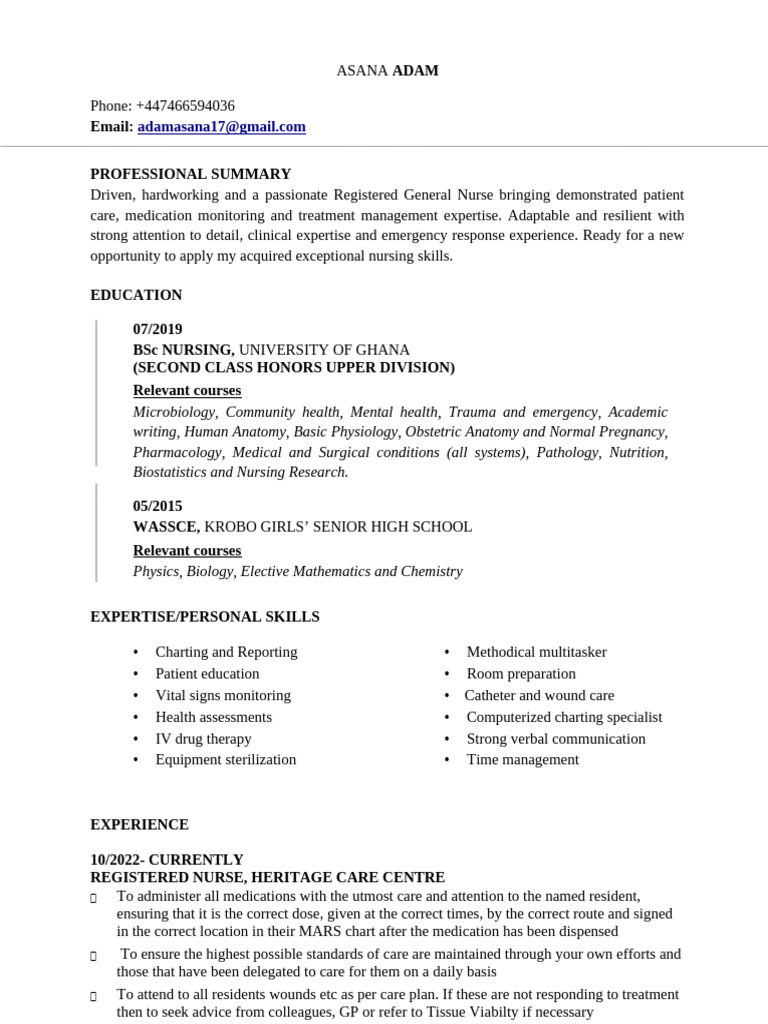 Asana Adam-CV Edited | PDF | Nursing | Patient