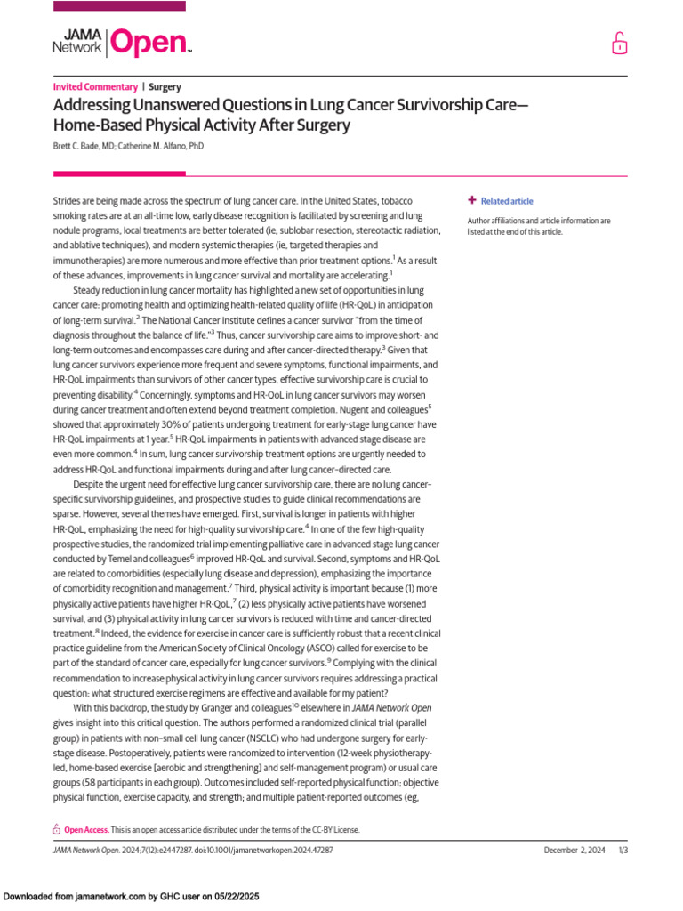 Addressing Unanswered Questions in Lung Cancer Survivorship Care-Home ...
