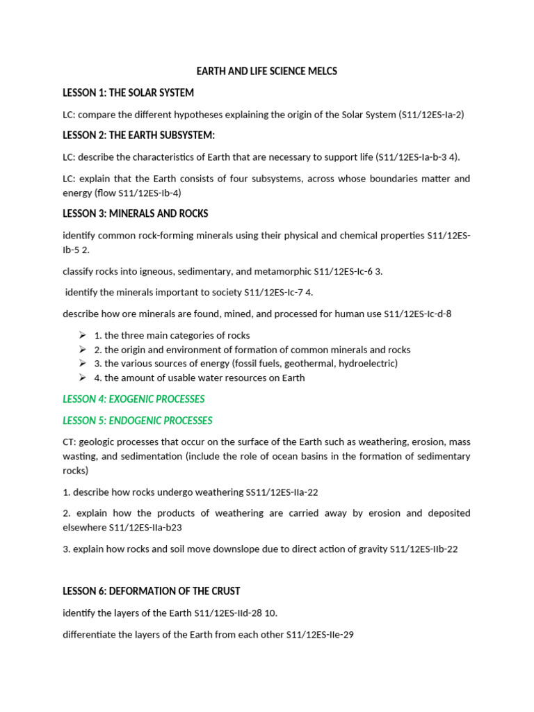 Earth and Life Science Melcs Content | PDF | Rock (Geology) | Geology