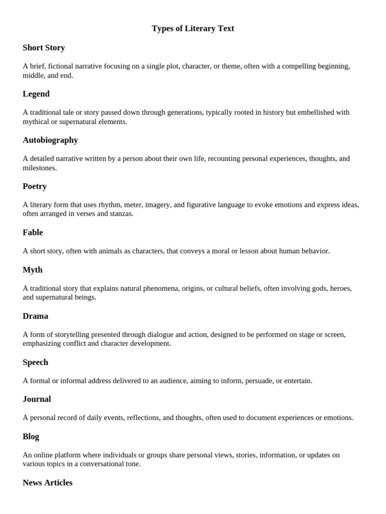 Types and Purpose of Literary Text Grade 7 | PDF | Narrative | Human ...