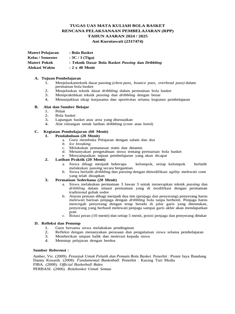 Contoh RPP Bola Basket Uas | PDF