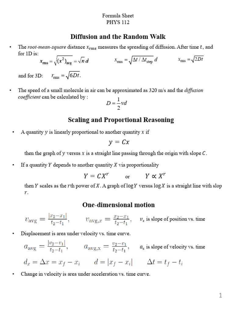 PHYS 112 Formula Sheet: Diffusion & Motion | PDF | Velocity | Acceleration