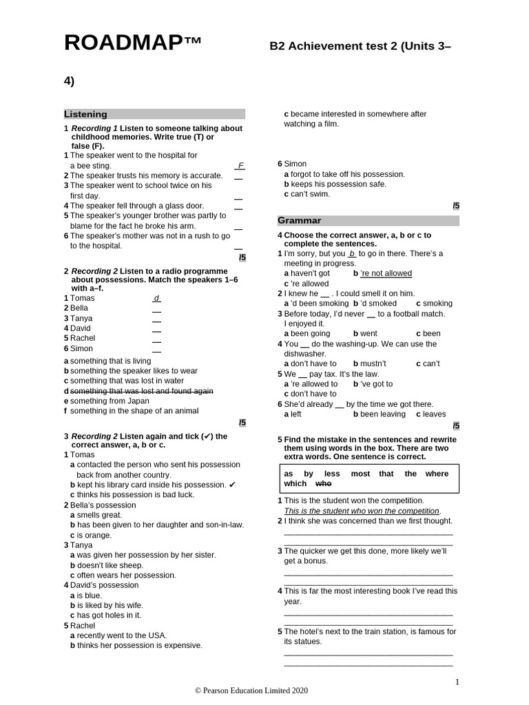 B2 Achievement Test: Listening & Grammar | PDF