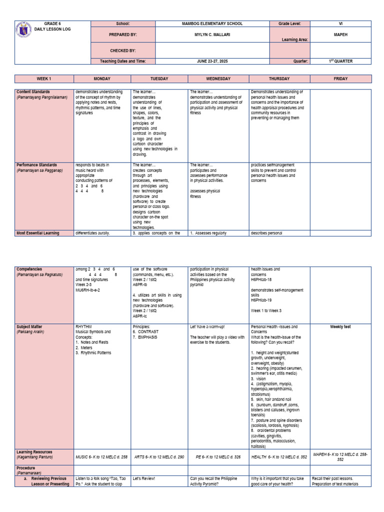 WEEK1-Dll-MAPEH Q1 - Week 2 - Revised | PDF | Learning | Rhythm
