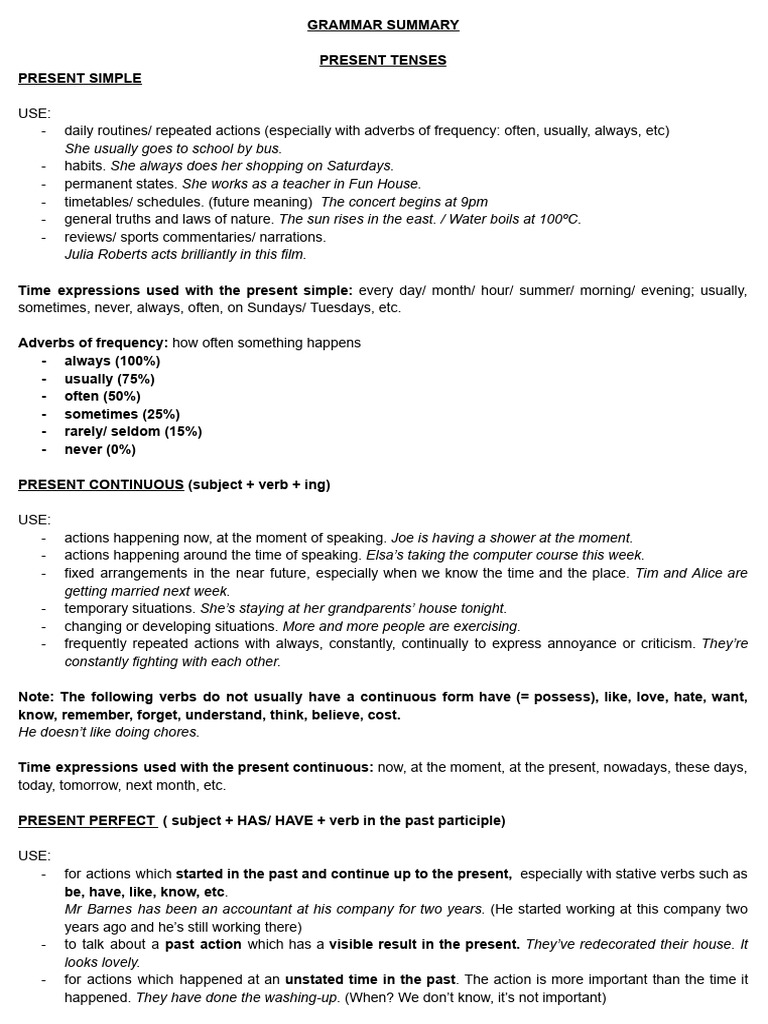 Grammar Summary - Present Tenses | PDF | Perfect (Grammar) | Syntax
