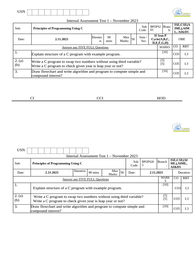Pop IAT1 Question Paper | PDF | C (Programming Language) | Computer Programming