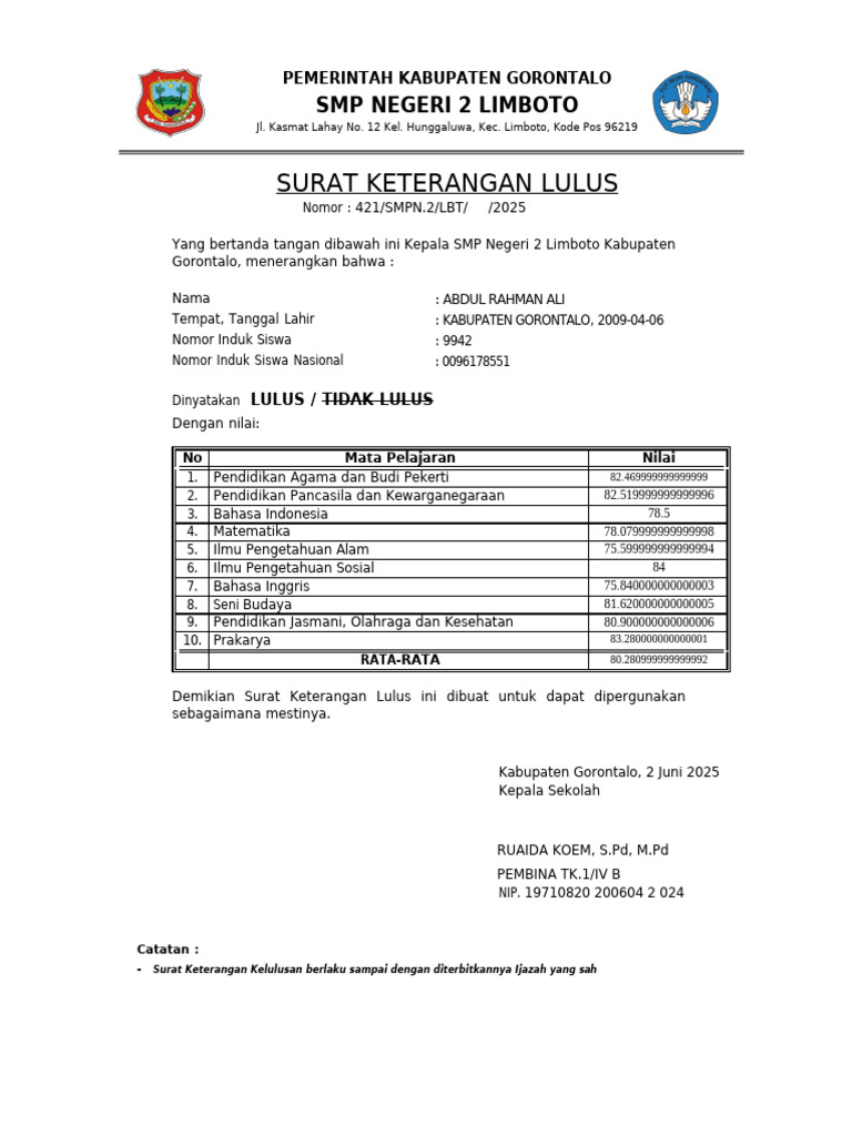 Surat Keterangan Lulus SMP 2025 | PDF