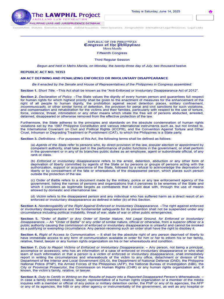 Anti-Enforced Disappearance Act 2012 | PDF | Detention (Imprisonment ...