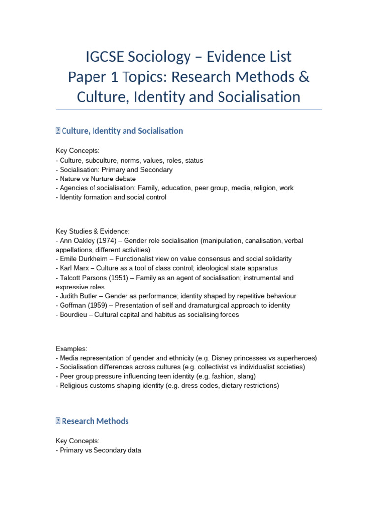 IGCSE Sociology Evidence Research Methods and Culture | PDF ...