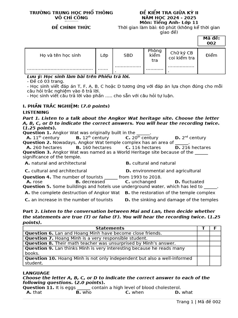 English Midterm Exam for Grade 11 | PDF | Thailand | Bangkok
