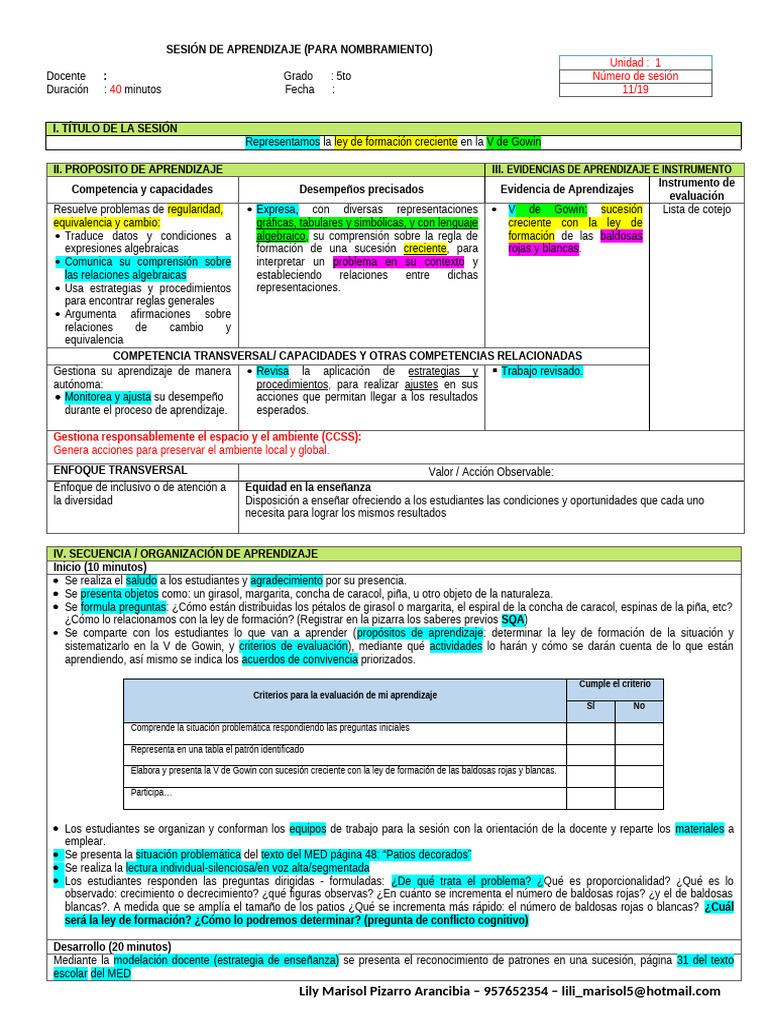 Sesión de Aprendizaje Completo 2023 Lily Marisol Pizarro Arancibia | PDF | Aprendizaje | Enseñando