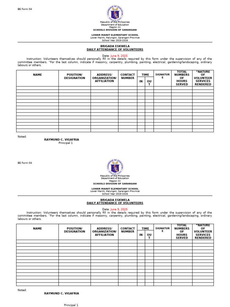 Brigada Eskwela Volunteer Attendance Form | PDF