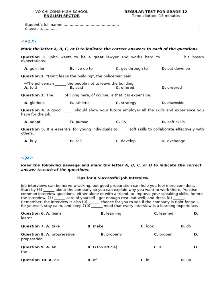 Grade 12 Test Preparation Guide | PDF
