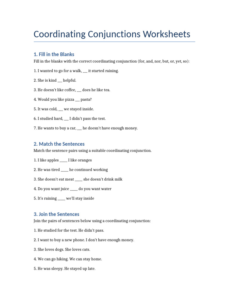 Coordinating Conjunctions Worksheets | PDF