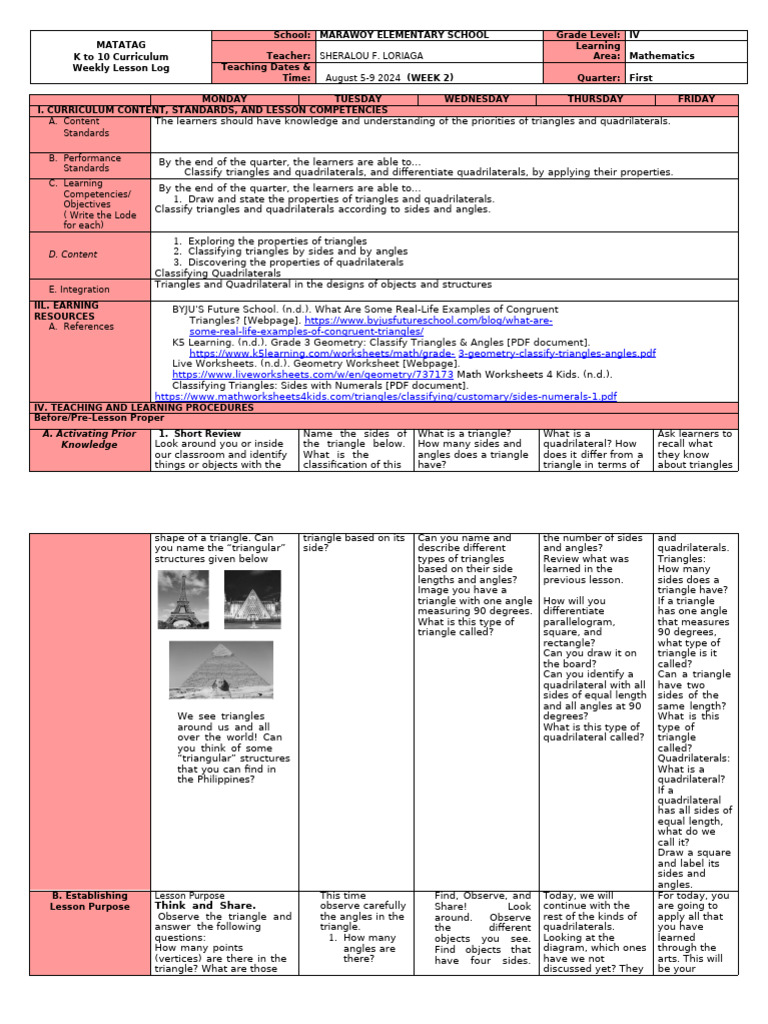 DLL Math4 q1 w2 Matatag 2024 Edited | PDF | Rectangle | Triangle