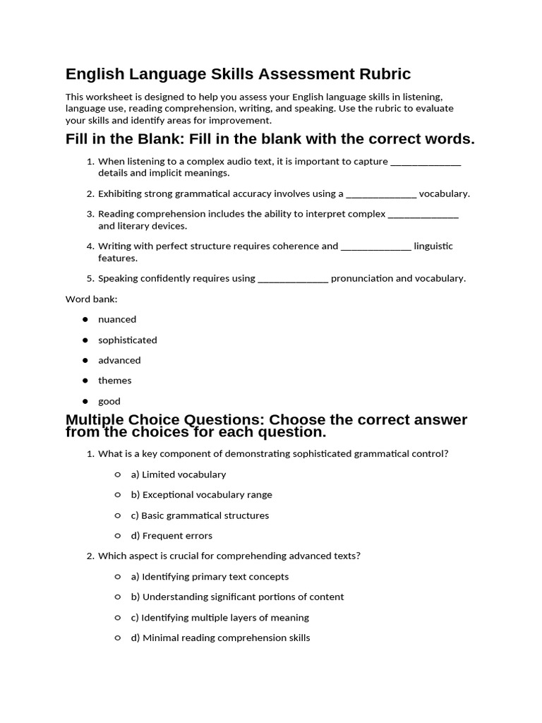 11th Grade English Language Skills Rubric | PDF | Reading Comprehension ...