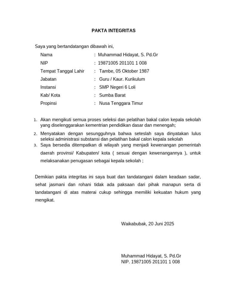 Pakta Integritas BCKS | PDF