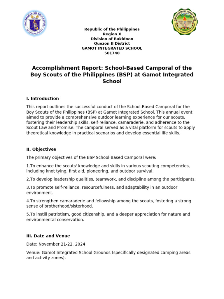 BSP School-Based Camporal Report 2024 | PDF | Scouting | Boy Scouts Of ...