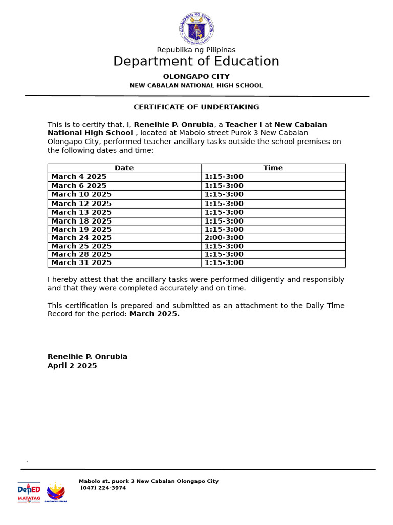 01 Certificate of Undertaking | PDF