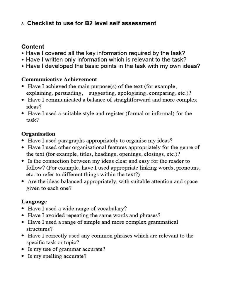 FCE Writing Self Assessment Checklist | PDF | Word | Vocabulary