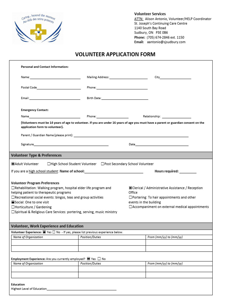 Application To Volunteer ST Josephs Health Centre Revised Vivian | PDF