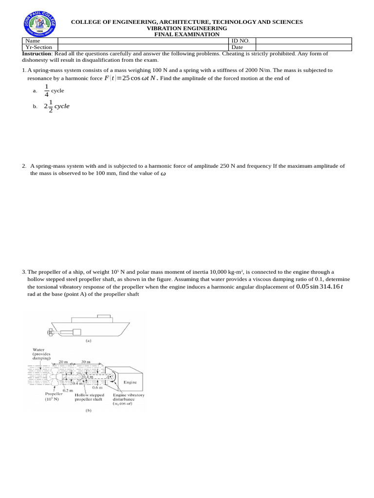 Vibration Engineering Final Exam Questions | PDF