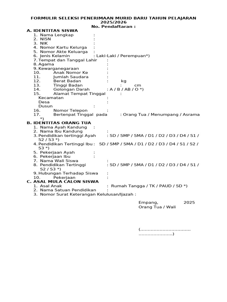 Formulir Seleksi Murid Baru 2025/2026 | PDF