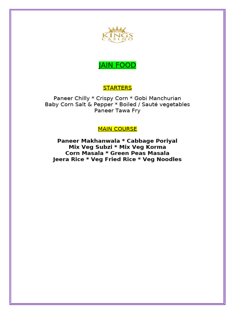 Lunch Dinner Menu For Jain Guest | PDF