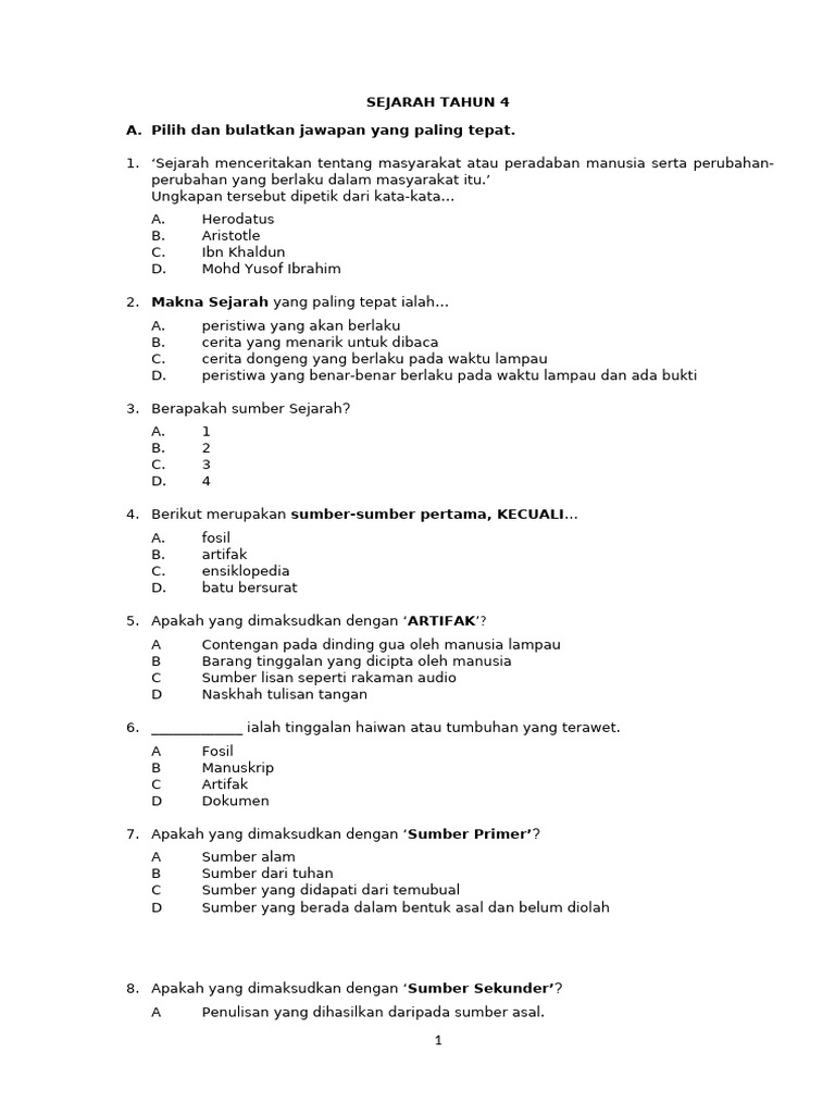 Pengukuhan Sej THN 4 Unit 1-3 | PDF