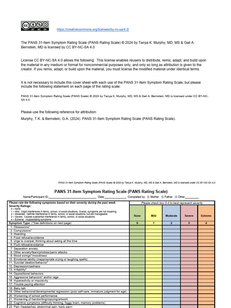 PANS 31-Item Symptom Rating Scale | PDF | Obsessive–Compulsive Disorder ...