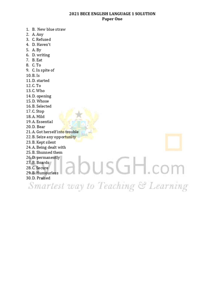2021 BECE English Paper 1 Answers | PDF