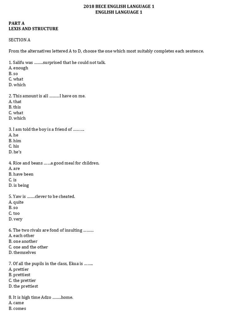 2018 Bece English Language 1 | PDF