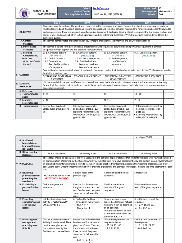 DLL Mathematics 10 q1 w1 | PDF | Curriculum | Learning