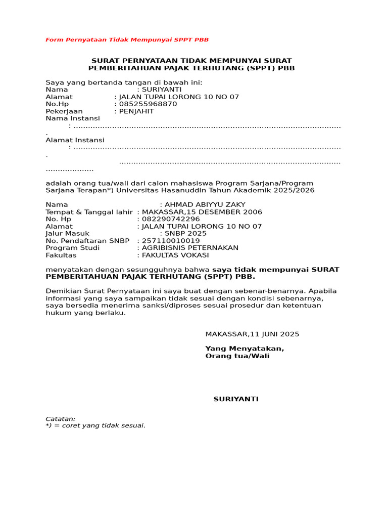 Form Pernyataan Tidak Mempunyai SPPT PBB 2025 | PDF