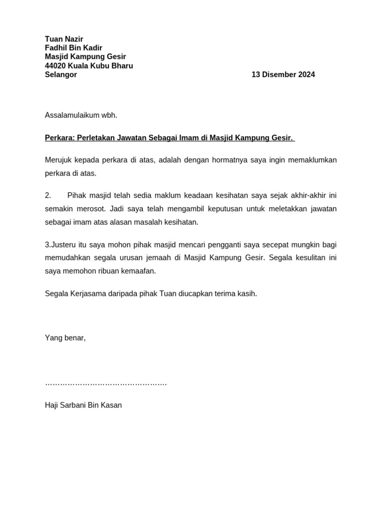 SURAT Letak Jawatan Imam | PDF