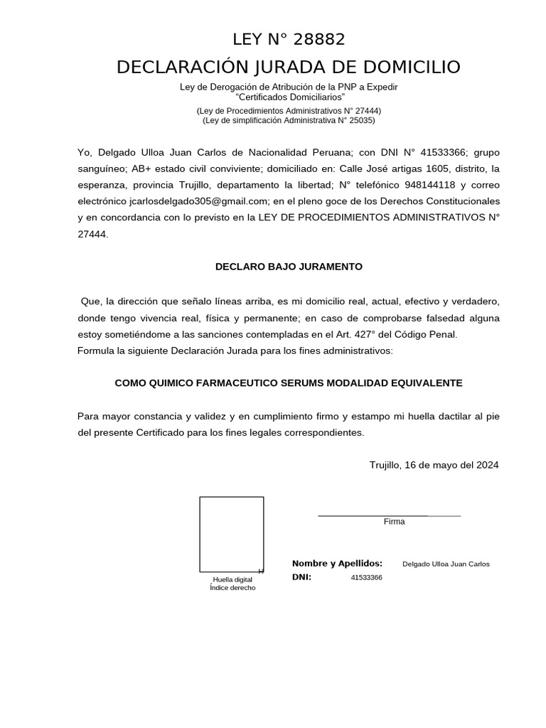 Anexo No. 02 Declaracion Jurada de Domicilio - Serums Equivalente | PDF