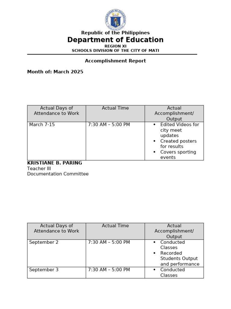 Individual Workweek Accomplishment Report | PDF | Government | Public Law