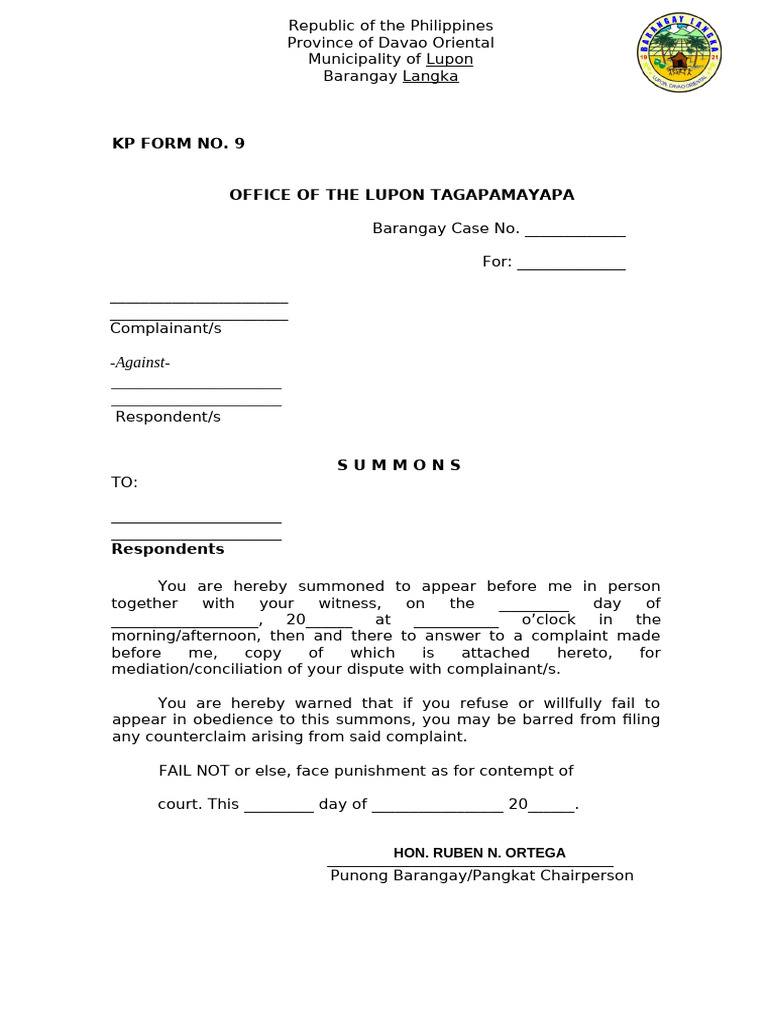 KP Form 9 | PDF | Summons | Separation Of Powers