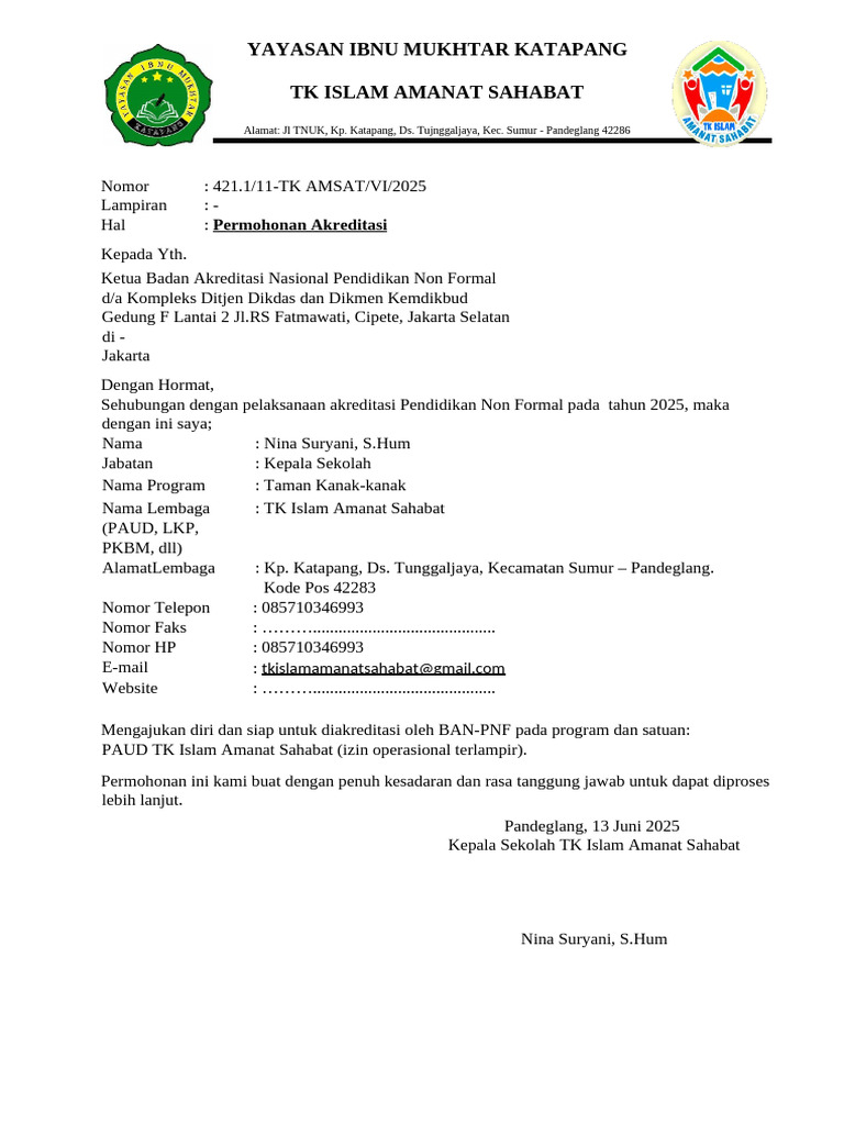 Format Surat Permohonan Akreditasi Sispena | PDF