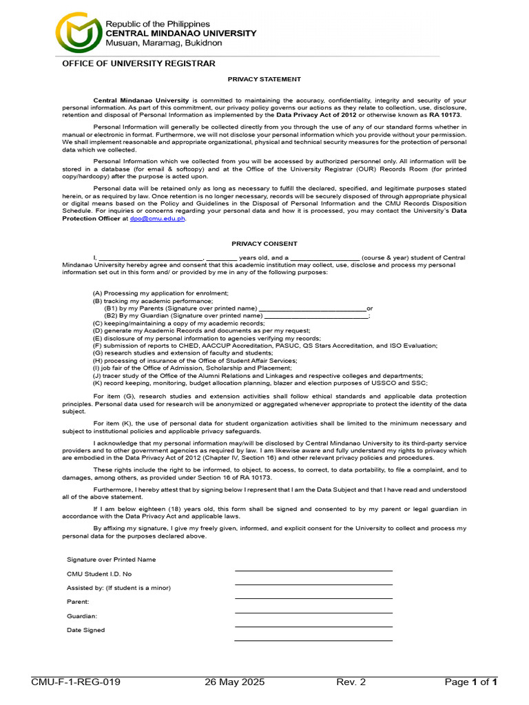 CMU Privacy Statement and Consent Form | PDF | Privacy | Social Ethics