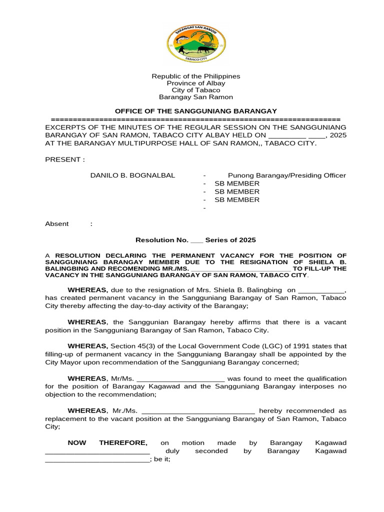 Resolution for Barangay Kagawad Replacement | PDF | Government