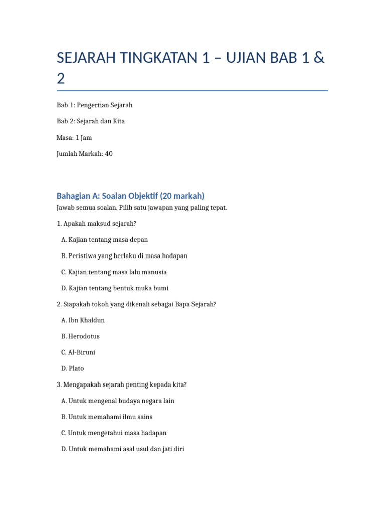 Sejarah Tingkatan1 Bab1 2 Ujian | PDF
