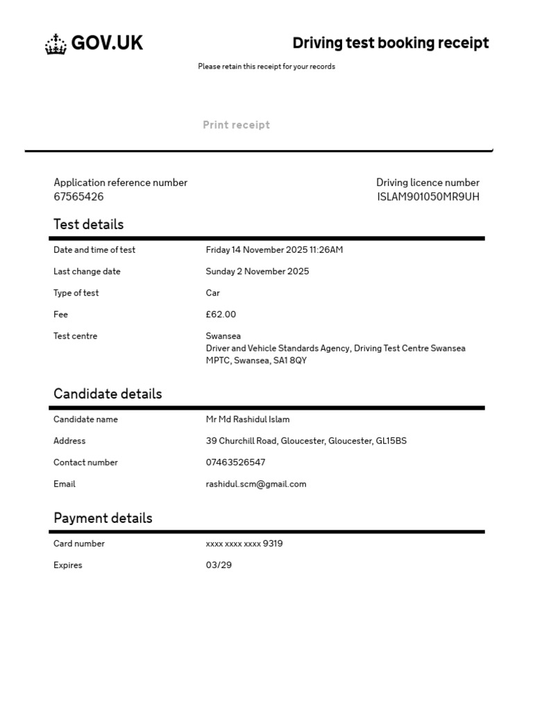 Driving Test Booking Receipt - Swansea | PDF