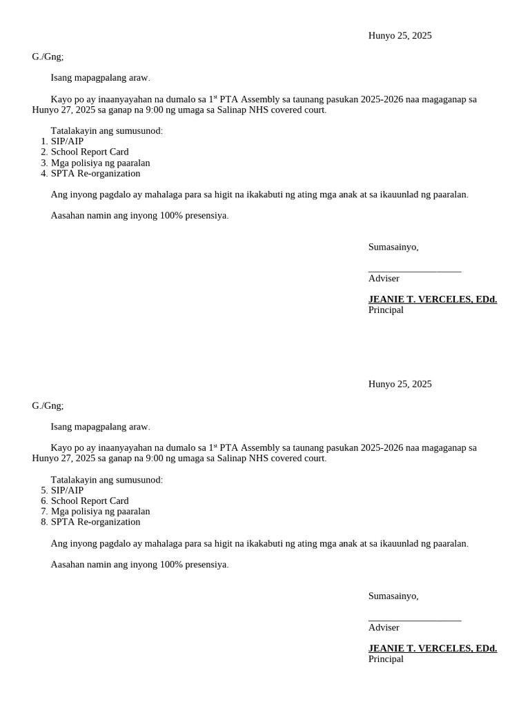 Letter For 1st General Assembly | PDF