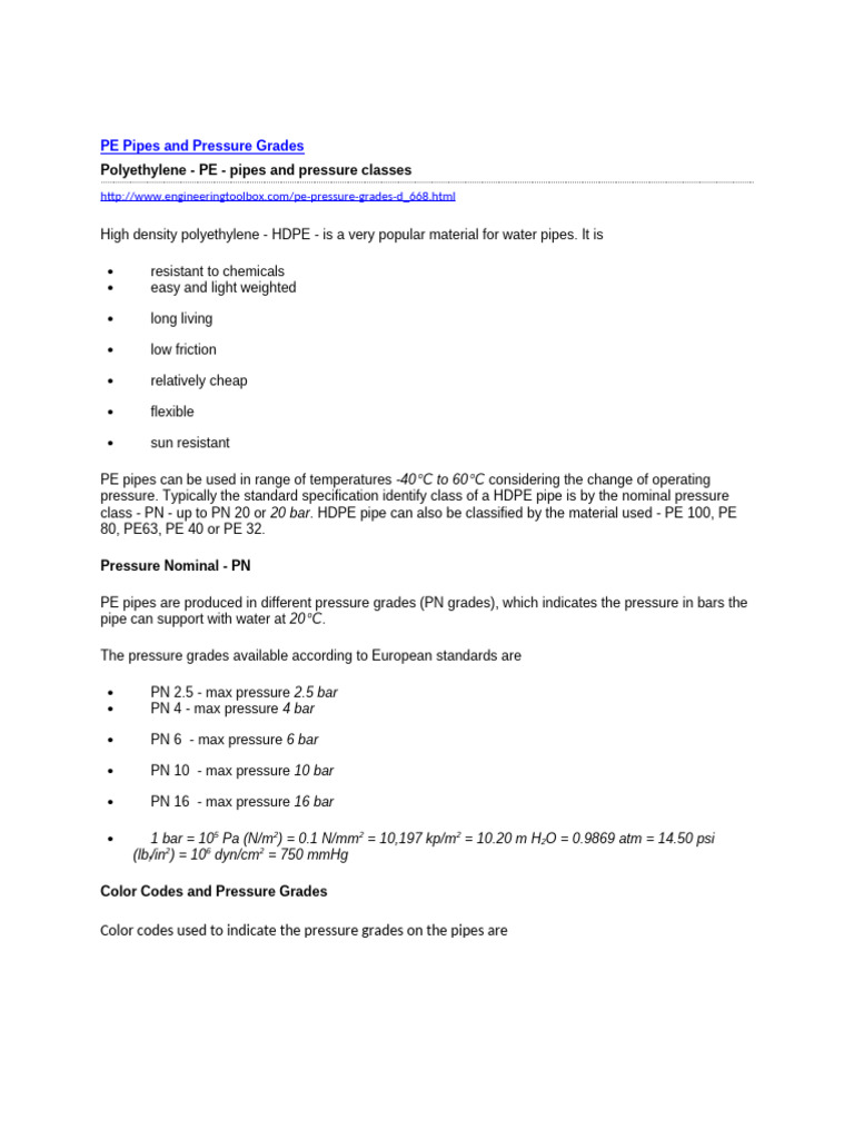 PE Pipes and Pressure Grades | PDF | Pipe (Fluid Conveyance) | Polyethylene