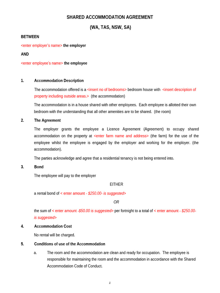 Template Accommodation Agreement Shared Accommodation Tas WA SA NSW ...