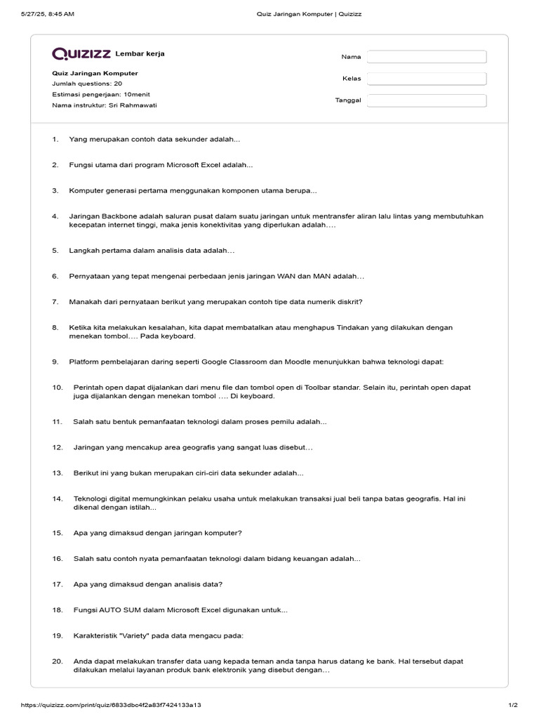 Quiz Jaringan Komputer - Quizizz | PDF