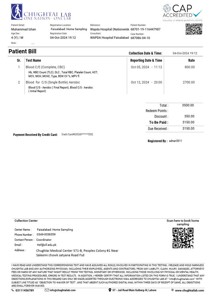 Patient Bill: Collection Date & Time: Test Name Reporting Date & Time ...